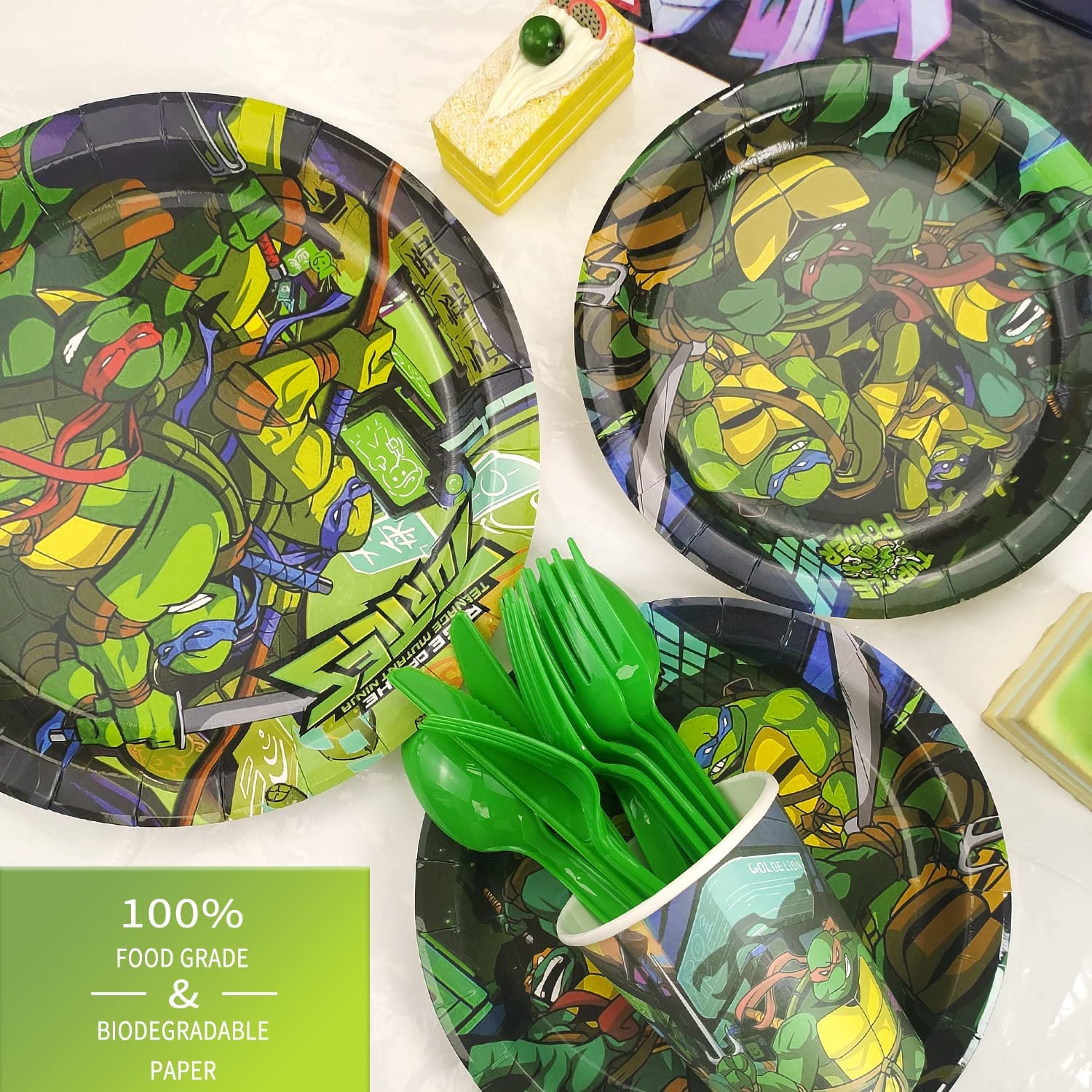 Turtle Theme Party Decorations, 82 PCS Cartoon Turtle Party Tableware Set, Cartoon Turtle Party Supplies Includes Plates, Napkins, Tablecloth,Cups, Knives, Forks, Spoons for Kids' Birthday