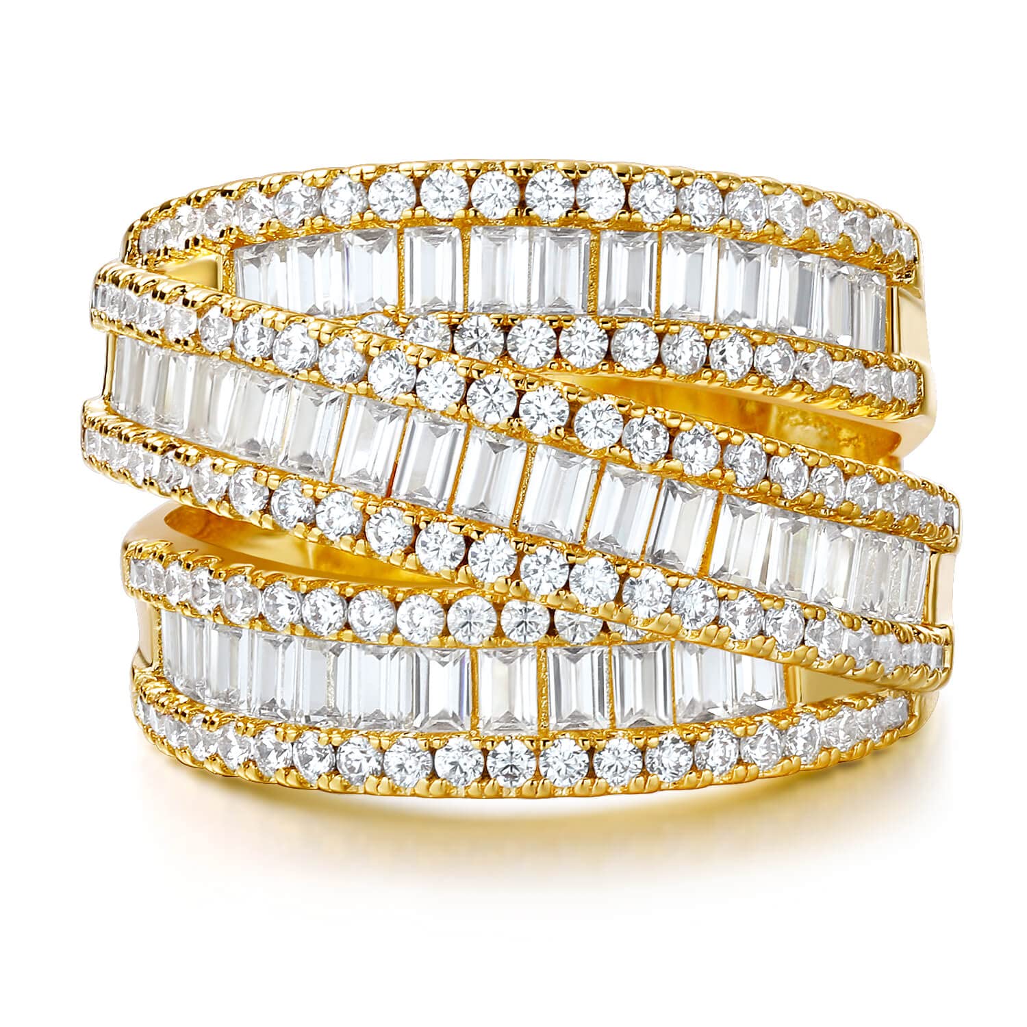 OPOMOMO 14K Gold Plated Rings 3 Rows Eternity Wedding Band Halo Emerald Cut Lab Diamond Rings for Women Men (7)