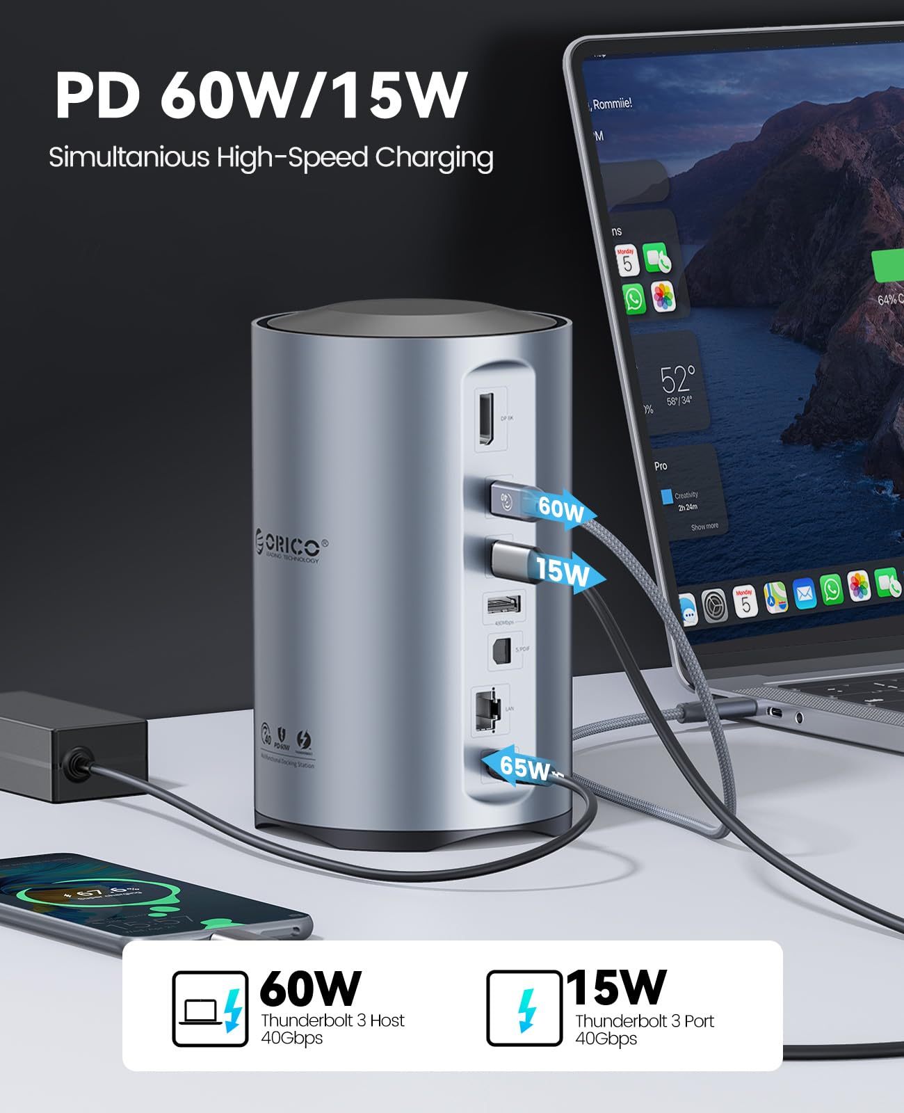 ORICO Thunderbolt 3 Dock, 15-in-1 Thunderbolt Docking Station 4K Dual Display for Thunderbolt 3, 60W Charging for Laptop, 15W for Phones, 10 Gbps USB Data, Gigabit Ethernet, S/PDIF Out, SD/TF(Gold)