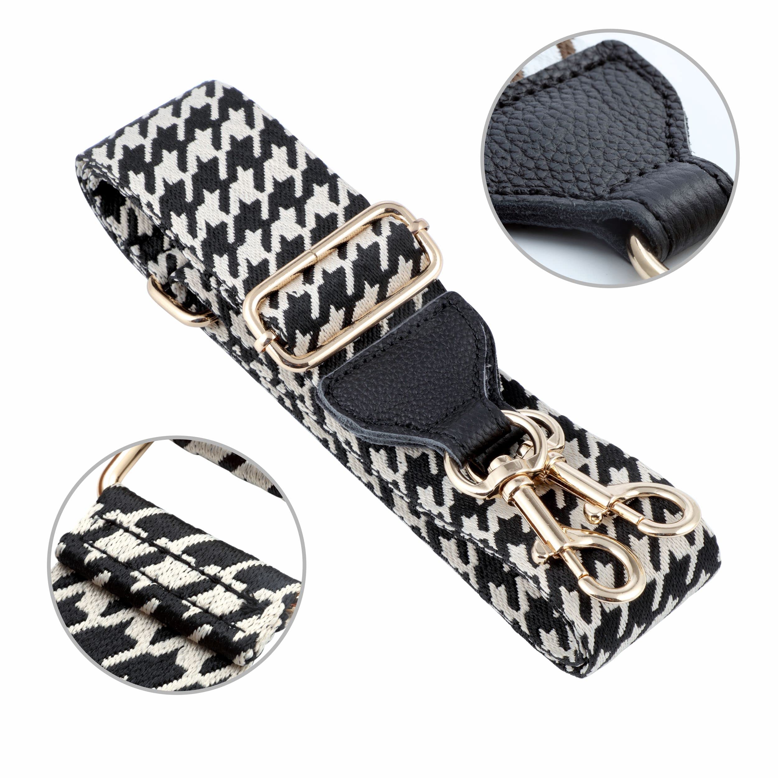 Purse Strap, 2" Wide Full Grain Cowhide Shoulder Strap Adjustable Replacement,Jacquard Embroidery Multi-Pattern Crossbody Bag Straps for Handbag,Crossbody Bags(Houndstooth White)