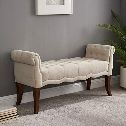 Linon Laurel Upholstered Roll Arm Bench with Walnut Wood Legs in Beige Fabric