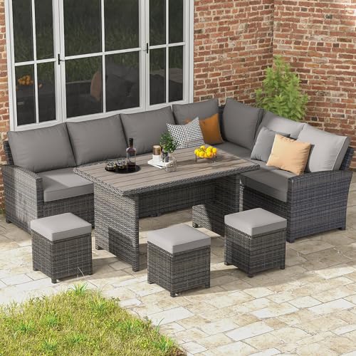 ICOMPY Patio Furniture Set 7-Piece Rattan Wicker Sectional Sofa Couch Outdoor Dining Conversation Set in Gray