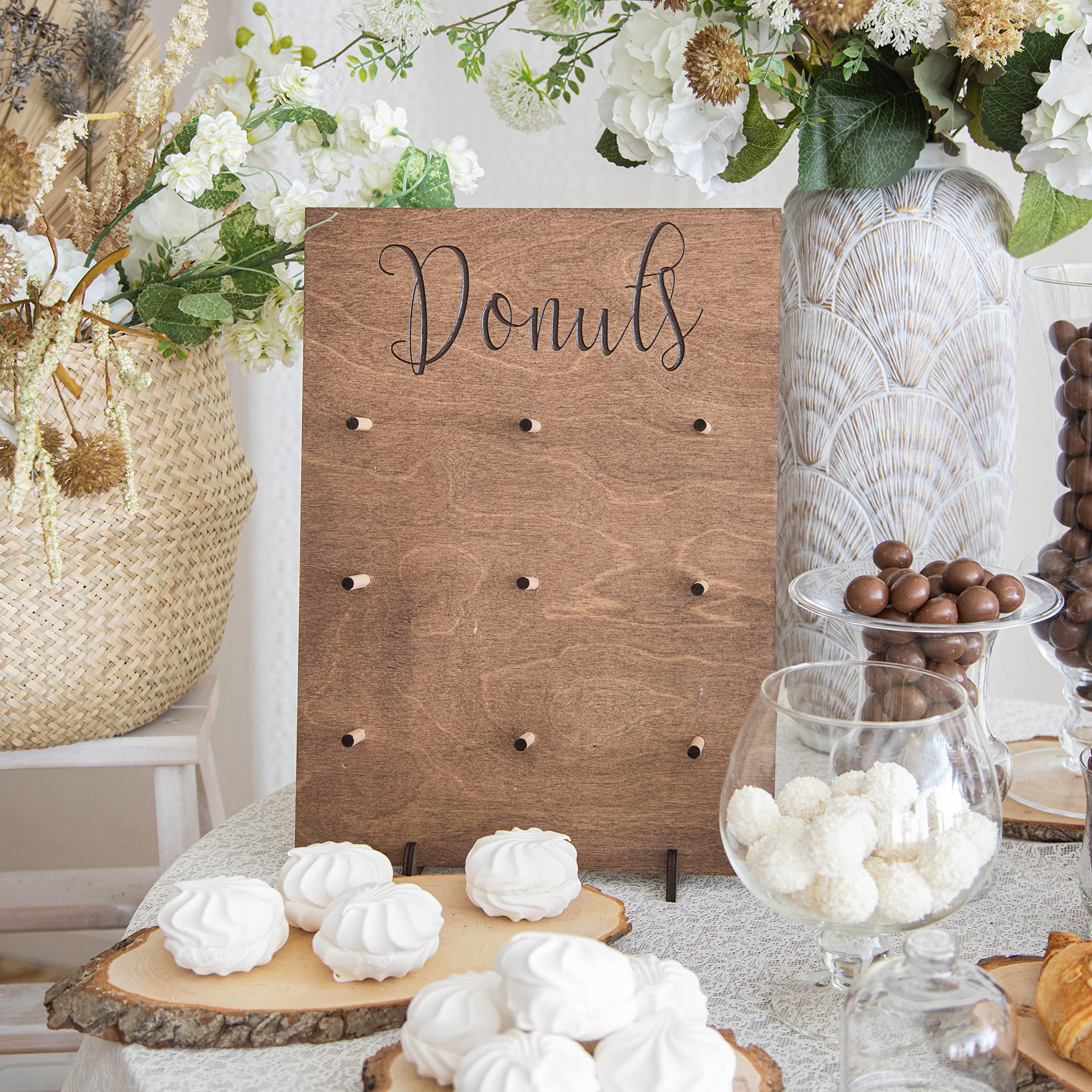 Rustic wall doughnut stand, peg board, fall wedding party decorations, minimalist wooden themed birthday table decor, baby shower, candy bar 3ั
3 pegs