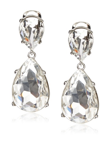 Kenneth Jay Lane Double Teardrop or Rectangle Crystal Drop Clip Earrings in Gold or Silver Settings (Silver Teardrop)