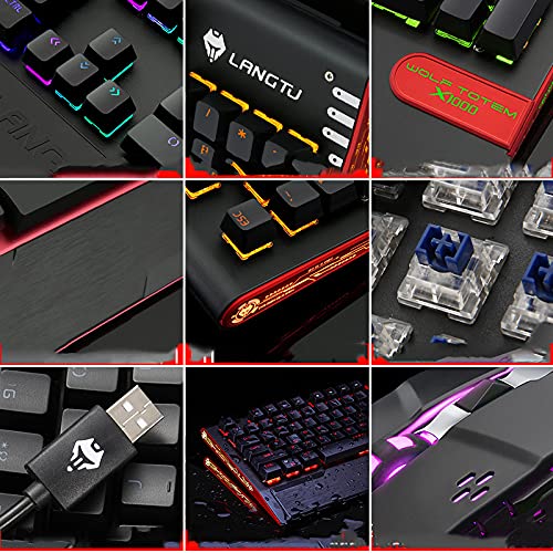 Multimedia Knob Computer Mechanical Keyboard,Sandblast Metal Panel,104-Keys Conflict Free Buttons Gaming Keyboard,Dazzle Colour on Both Side, Mouse+Mouse Pads (Black/White Backlit/Blue Switch