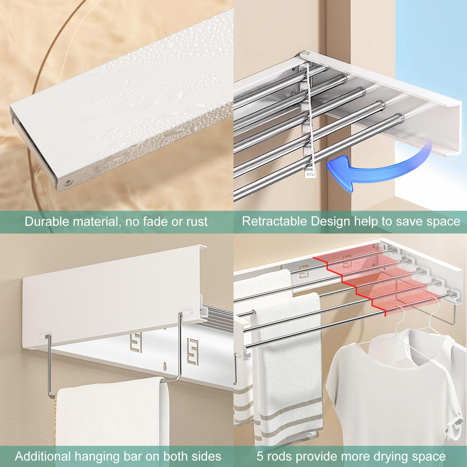 Wall Mounted Drying Rack, Laundry Drying Rack Collapsible, Clothes Drying Rack, Towel Drying Rack for Indoor & Outdoor with Wall Template & 5 Rods, 60 lb Capacity, 31.5β Wide, 13.5 Linear Ft, White