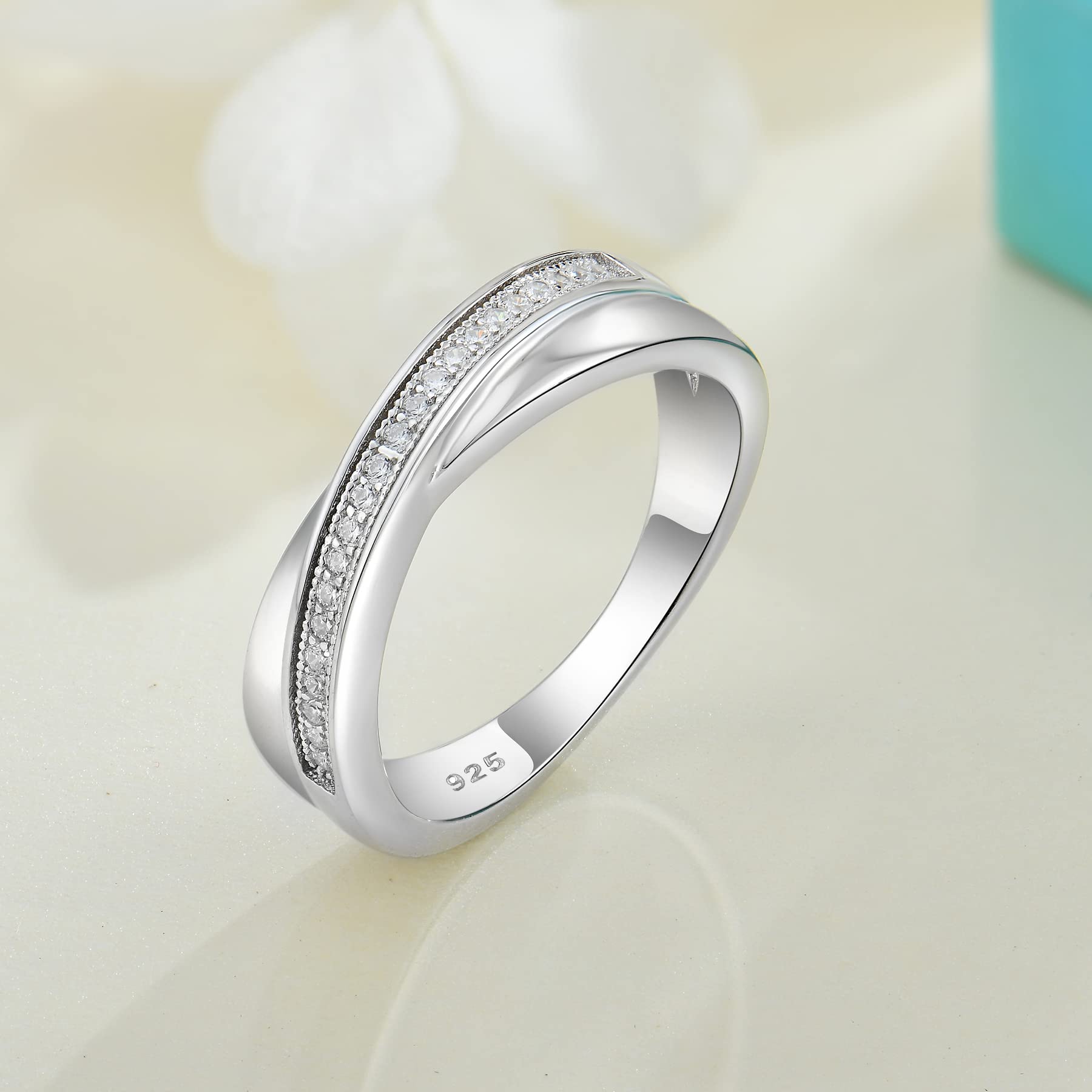 PAZEEN 925 Sterling Silver Criss Cross Ring Cubic Zirconia Bride Wedding Anniversary Statement Ring Eternity Band Promise Ring for Women size7