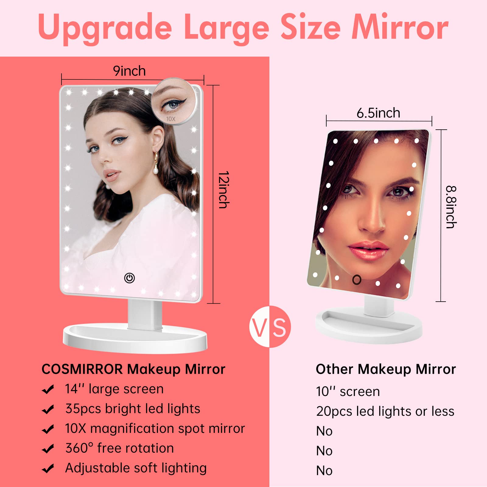 Large Lighted Makeup Mirror (X-Large), Makeup Vanity Mirror with 35 LED Lights and 10X Magnification, Touch Sensor Dimming, Dual Power Supply, 360° Rotation Tabletop Personal Beauty Light Up Mirror
