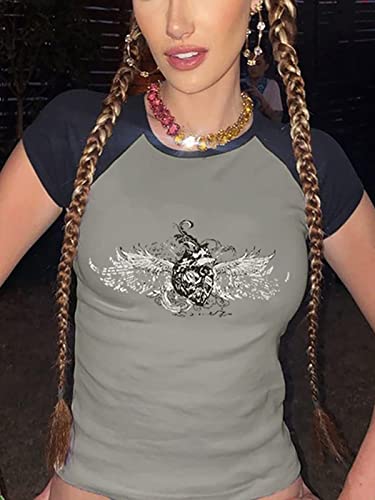 Y2K Crop Tops for Woman Short Sleeve Crew Neck Baby Tees Grunge Wing Print T-Shirt A Grey