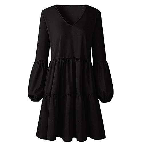 Pinkpaopao Splicing Solid Color Swing Dress for Women Lantern Long Sleeve Elastic Mini Dress Ruched Loose V Neck Dress