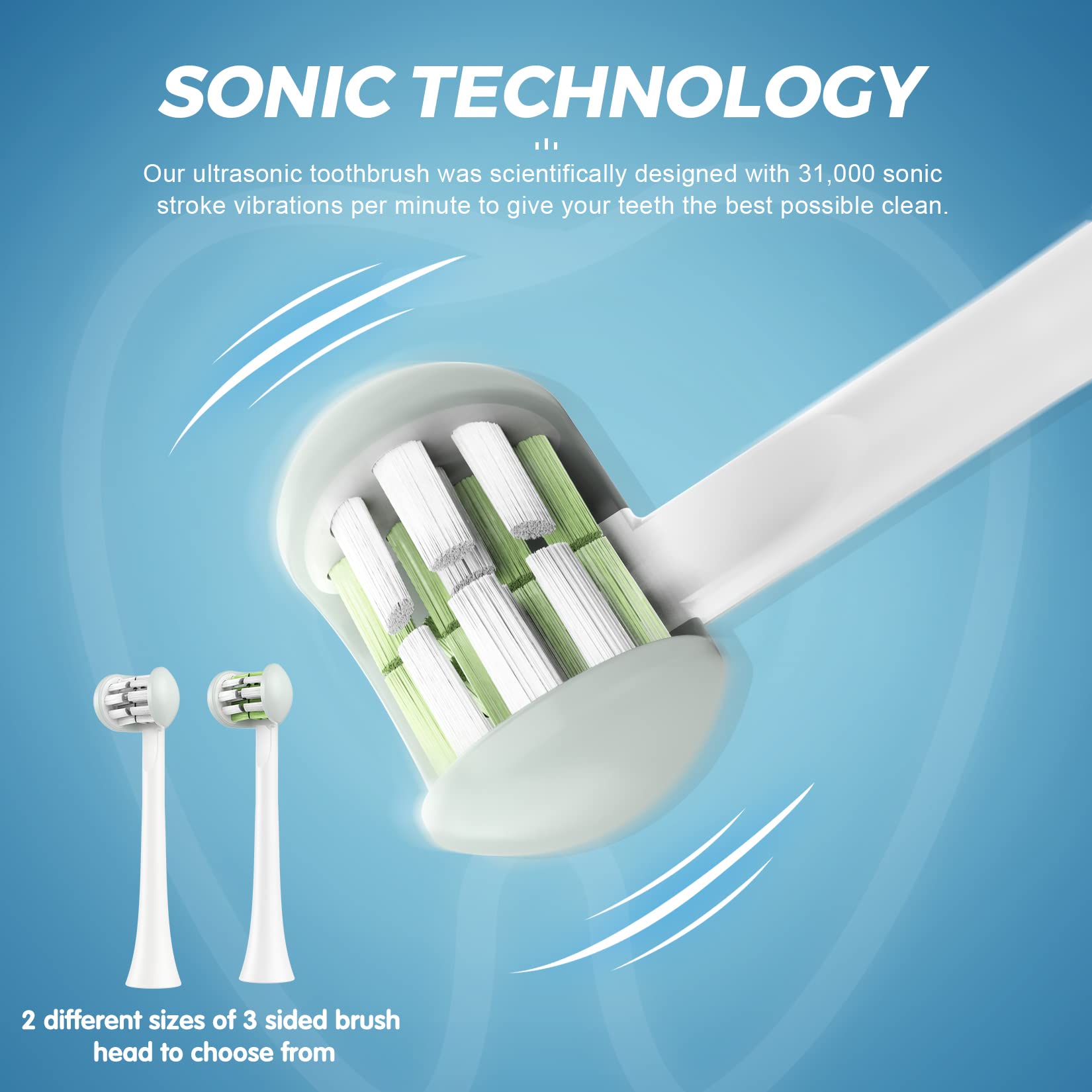 RAZOKO Sonic Electric Toothbrush for Adults 3 Sided Toothbrush with 4pcs Brush Heads Replacement,360° Cleaning,5 Modes,Timer Blue