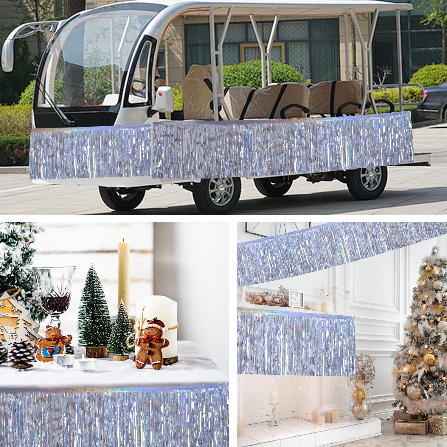 YUKL Laser Silver Christmas Decorations Tinsel Garland Parade Float Decorations for Trailer 4Pack 12FT Christmas Party Decor Ceiling Fringe Banner Silver Backdrop for Streamers Party Decorations