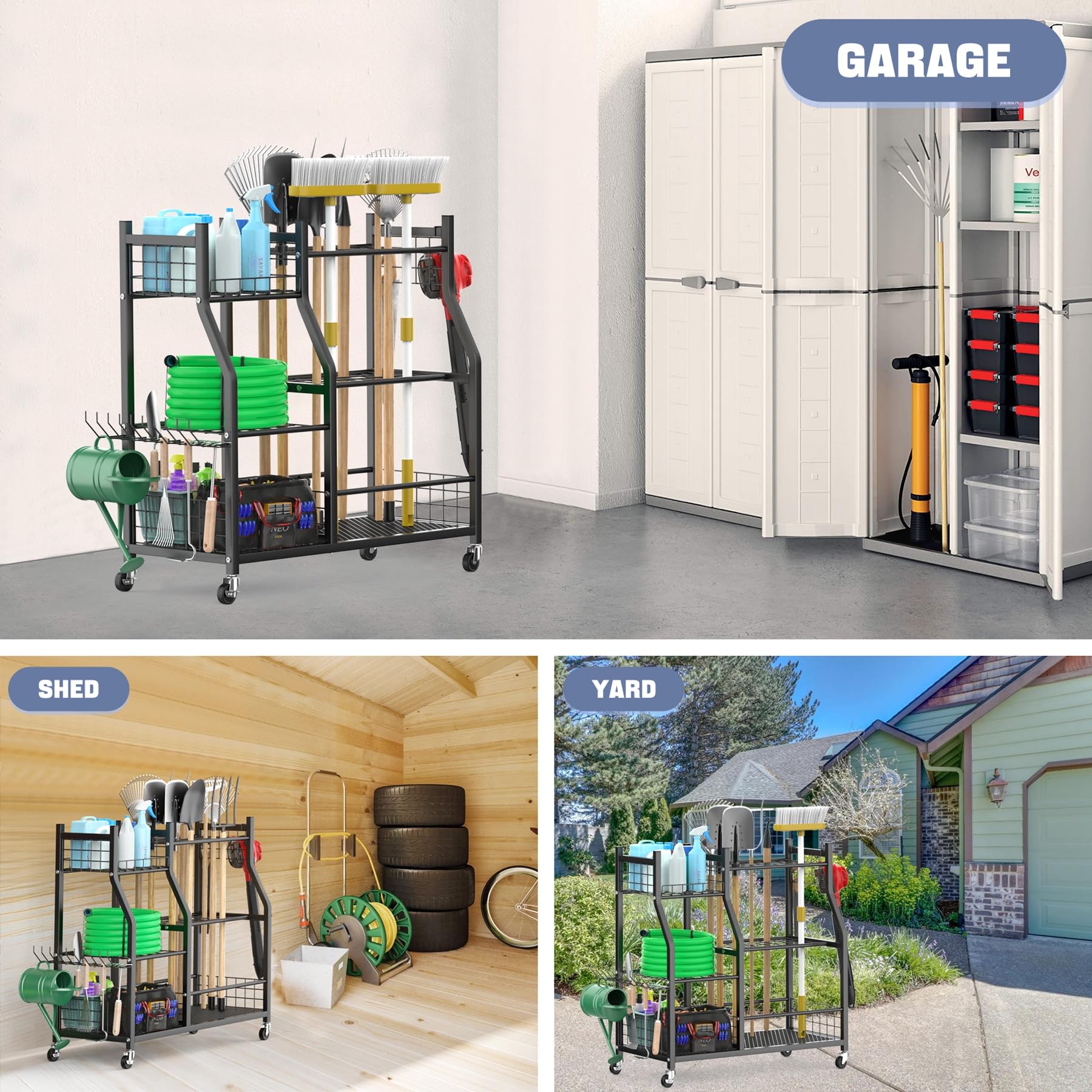 WALMANN Garden Tool Organizer with Wheels for Garage, Large Storage Capacity, Rakes/Shovels/Yard Tools Storage Stand for Shed, Garden, Indoor/Outdoor Long-Handled Tools Rolling Cart