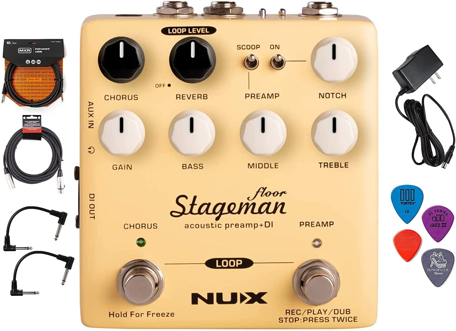 NUX Stageman Floor Acoustic Preamp/DI Pedal Bundle with MXR Instrument Cable, Two Patch Cables, Strukture Microphone Cable, Dunlop Guitar Picks and Power Supply
