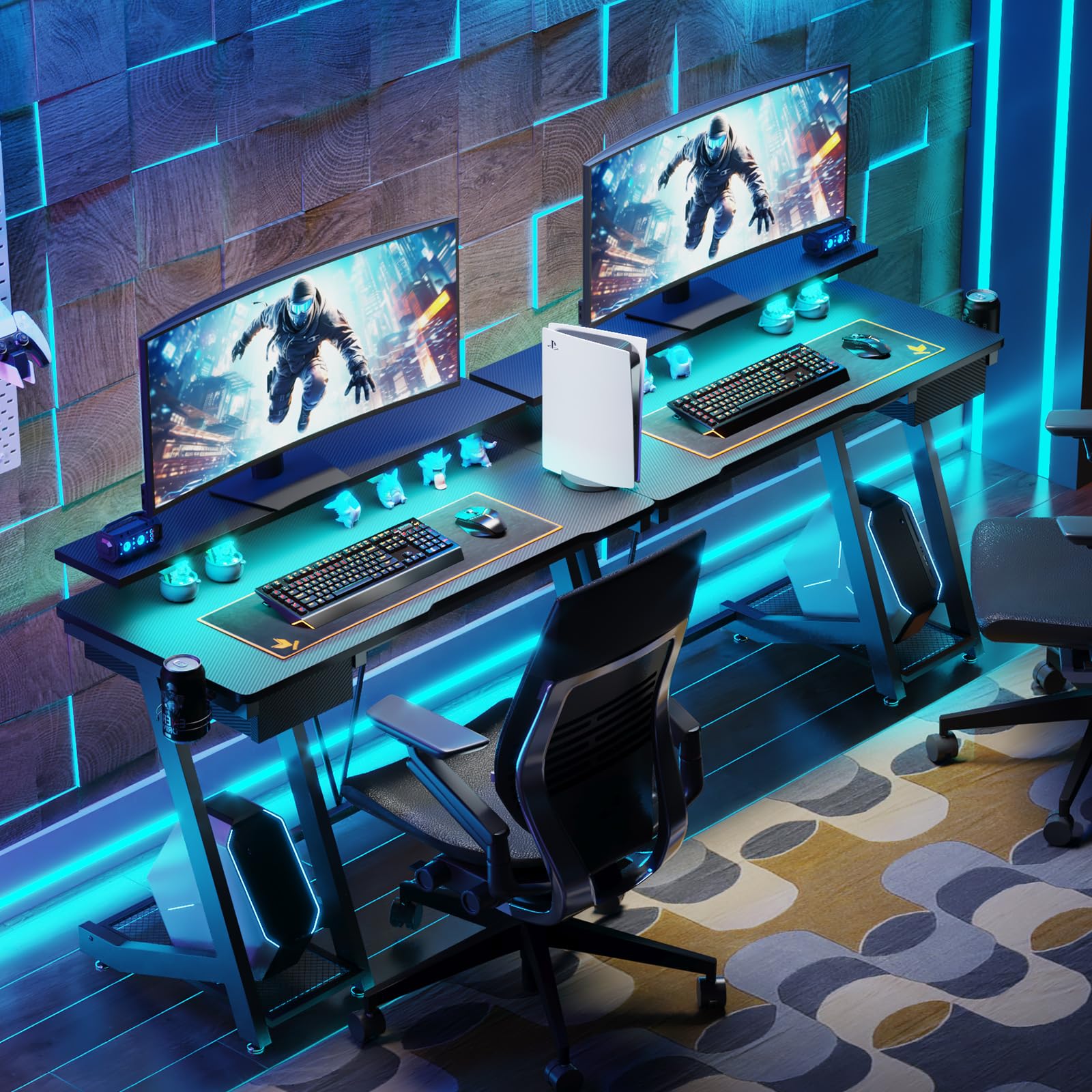 TREETALK Gaming Desk with Power Outlets & Music Strip Lights, Computer Desk with Large Monitor Stand&Drawer, Gamer Workstation with CPU Stand for Home Office