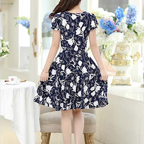 Pinkpaopao Women's A-Line Swing Dress High Waisted Pattern Printed Puff Short Sleeve Pleated Round Neck Dress
