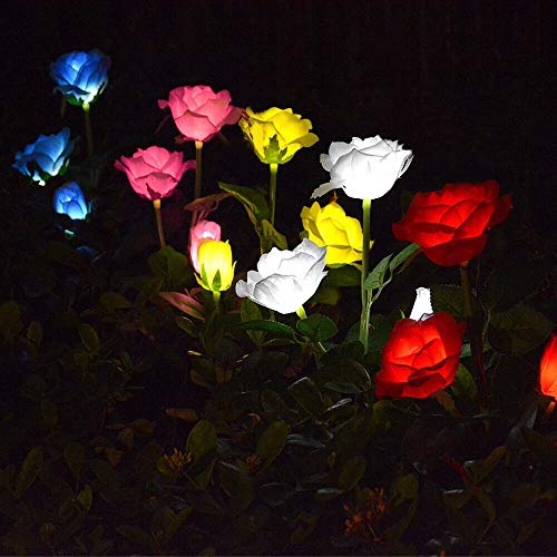 LamQee 3 Head Rose Flower Solar Powered LED Lights IP65 Waterproof Outdoor In-Ground Stake Light Lamp for Garden Stake Yard Home Decor - Pack of 1, Red