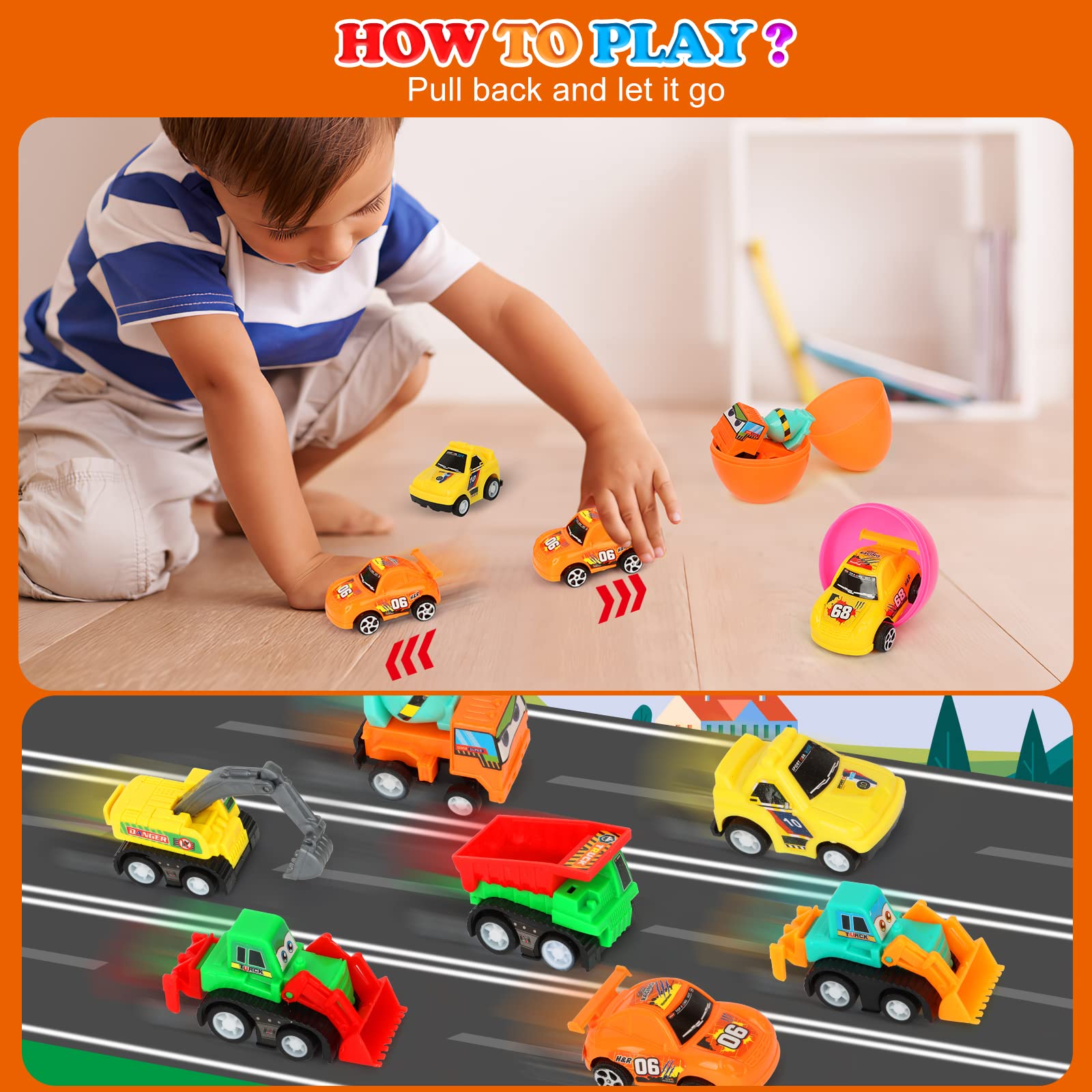 RAMXCION 24 Pack Easter Eggs Prefilled with Pull Back Cars Toy, Easter Egg Filled with Vehicle Toys for Easter Hunt Party Favor, Easter Basket Fillers, Classroom Activity for Kids (24 Pack)