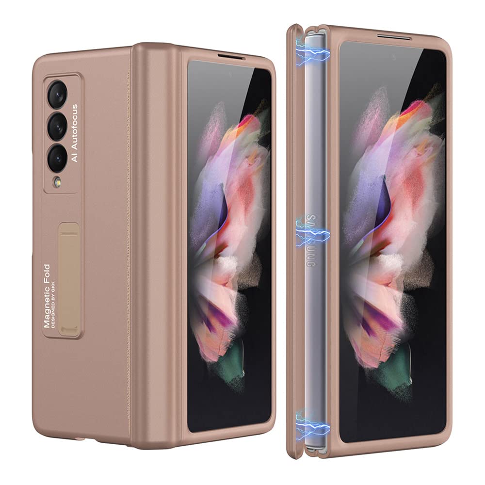 PUROOM for Samsung Galaxy Z Fold 3 Case Hinge Coverage Protective Case with Built-in Magnetic Kickstand PC Shockproof Cover for Samsung Galaxy Z Fold 3 5G 2021 (Gold)