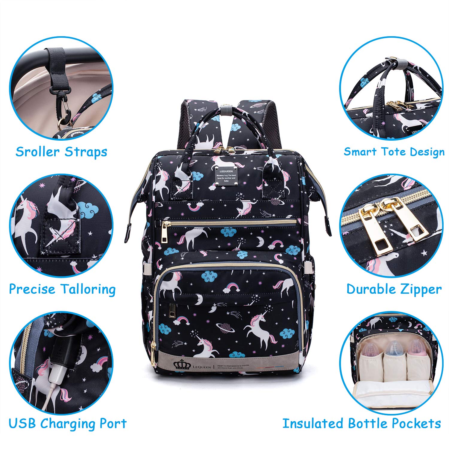 LEQUEEN Diaper Bag Backpack, Unicorn Multifunction Travel Back Pack Maternity Baby Changing Bags (Black)