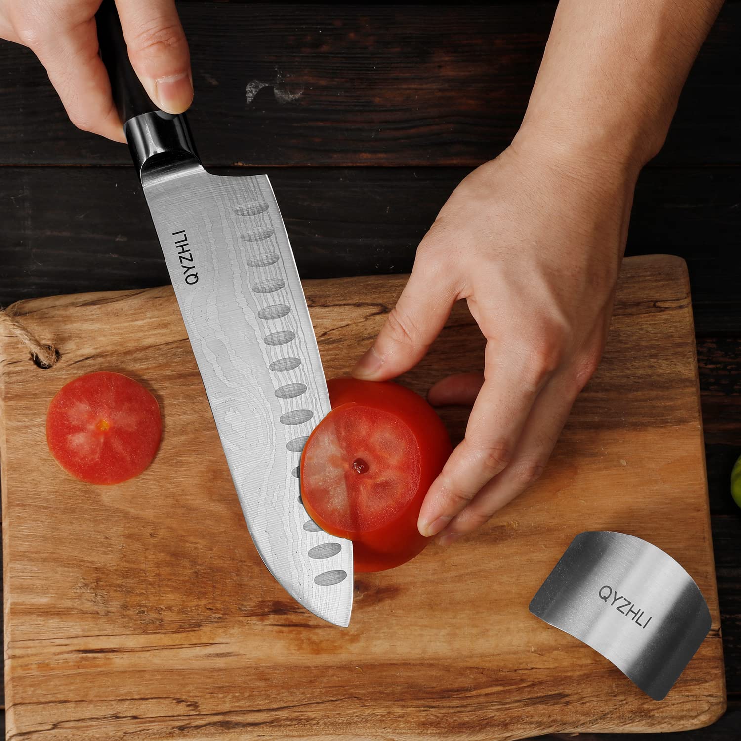 QYZHLI Chef Knife - 7 Inch Santoku Chefs Knife Kitchen Knife 5cr15mov Stainless Steel Laser Damascus,With Finger Protector