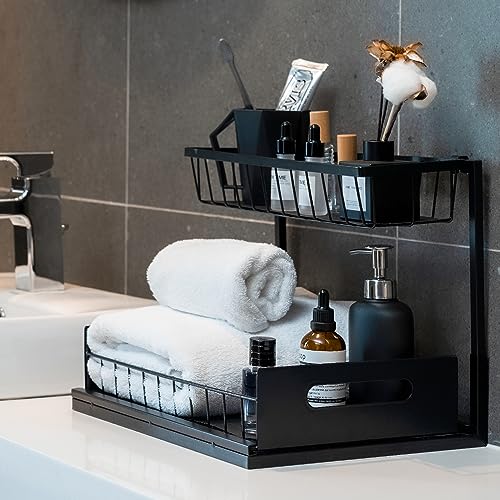 Nestorium Under Sink Organizer, Metal Pull Out Cabinet Organizer 2 Tier Slide Out Under Kitchen Sink Organizer, Cabinet Organizer with Sliding Drawer for Kitchen, Bathroom, Desk, Laundry (14.2*10.6)