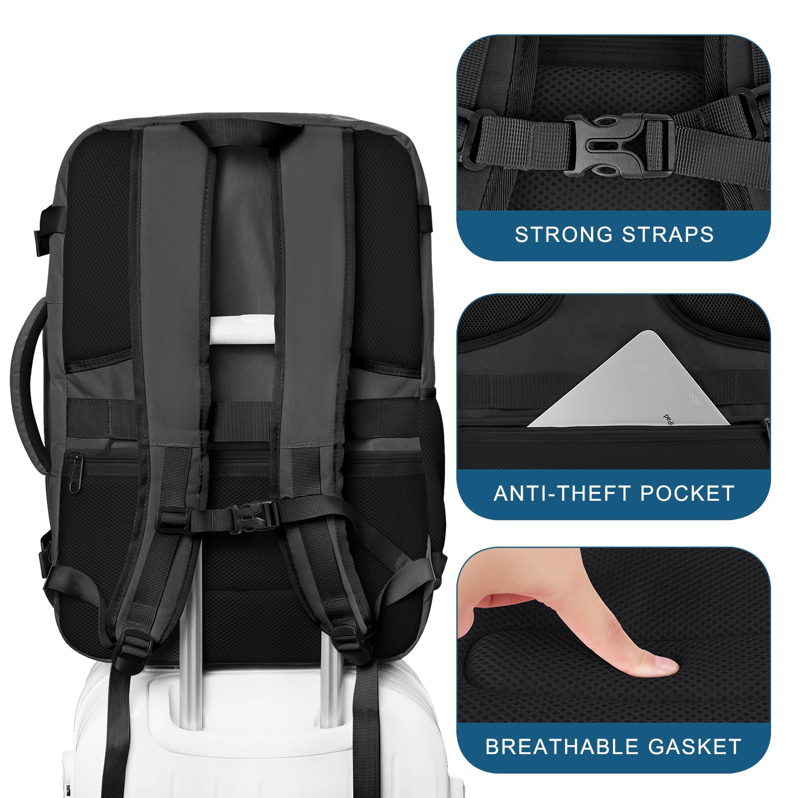 Large Travel Backpack, Carry On Backpack for Airplanes, 17 inch Laptop Backpack for Men, 45L Expandable Waterproof Backpack, Traveling Computer Backpack with USB Port, Teacher Travel Bag, Black