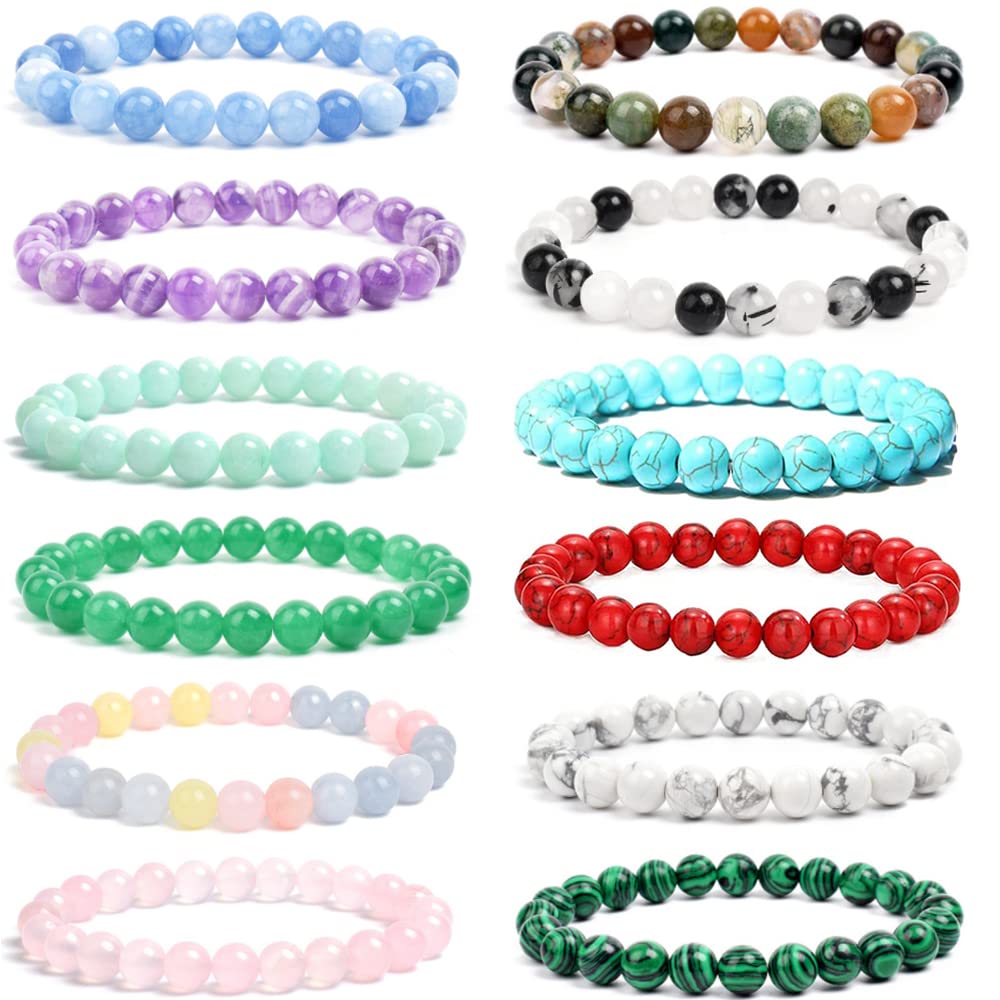 SAMOCO 12Pcs 4mm 6mm 8mm Gem Semi Precious Reiki Healing Crystals Handmade Round Beads Stretch Bracelet(8mm)