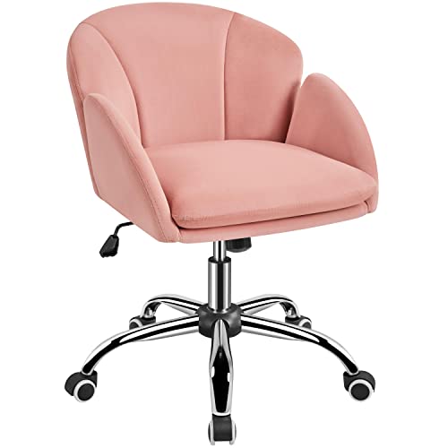 Yaheetech Cute Velvet Desk Chair for Home Office, Makeup Vanity Chair with Armrests for Bedroom Modern Swivel Rolling Chair for Women Pink