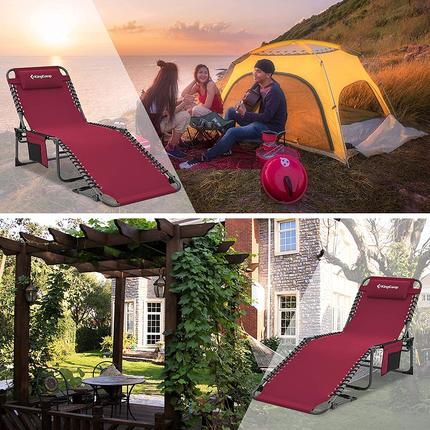 KingCamp Adjustable 5-Position Heavy Duty Folding Chaise Lounge Chair with Pillow Pocket, Portable Great for Outdoor Patio Lawn Beach Pool Sunbathing, Supports 264lbs(2 Pack)
