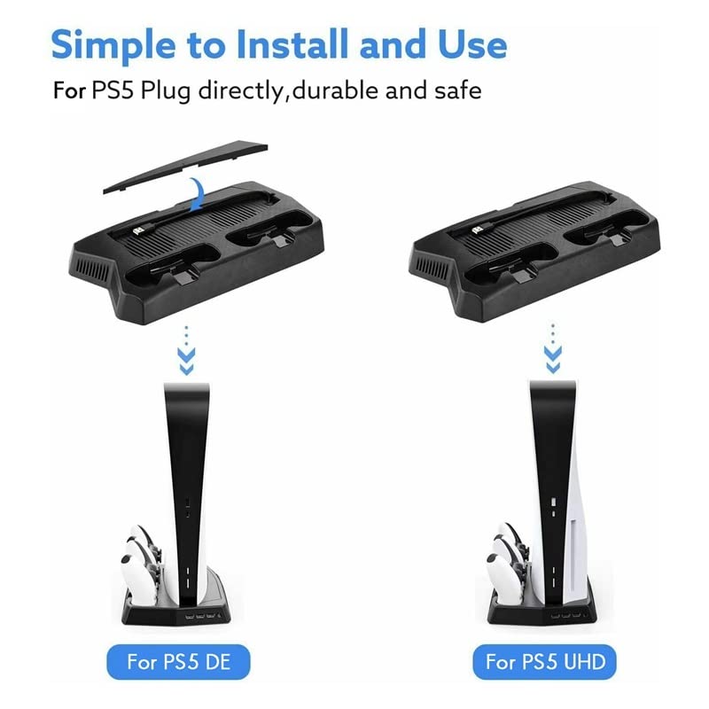 RENSLAT for PS5 Charging Stand Base with Cooling Fan and 3 USB Port Dual Controller Charger Storage Tray Bracket