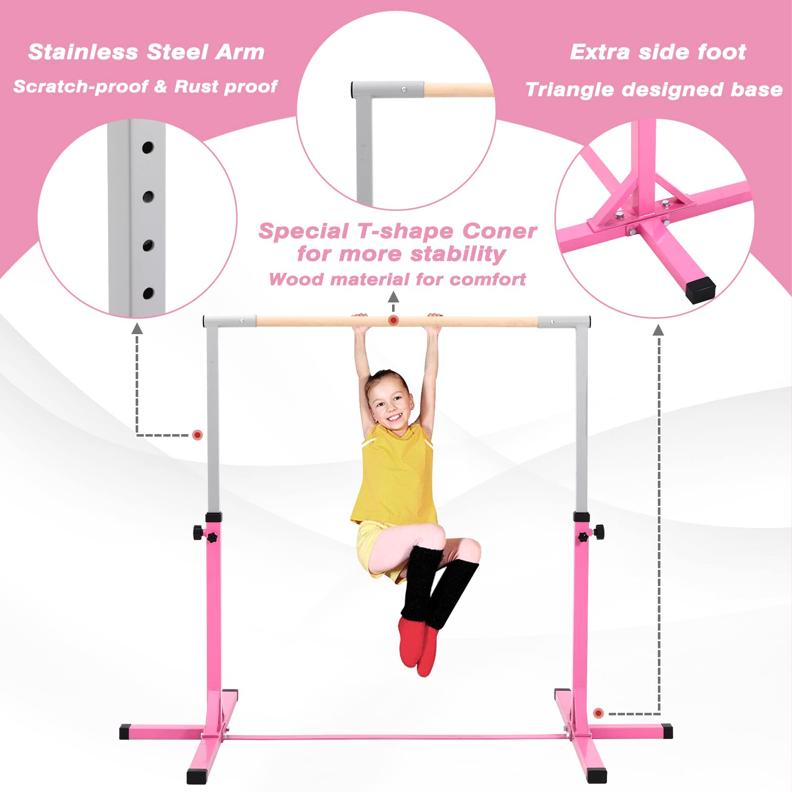 PanAme Expandable Gymnastics Kip Bars, 3' to 5' Adjustable Height Horizontal Bars, Home Gym Equipment for Junior Training Monkey Bars for Kids Indoor (Pink)