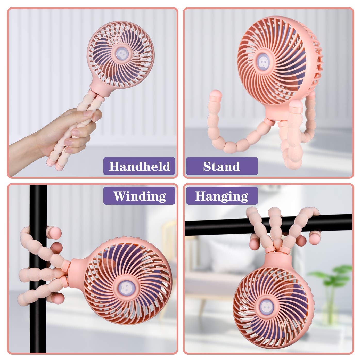Leipple Mini Handheld Stroller Fan,Personal Portable Clip-on Desk Fan with Flexible Tripod,Rechargeable USB Fan Adjustable 3 Speeds for Camping Car Seat Crib Bike Treadmill Gym (Pink)