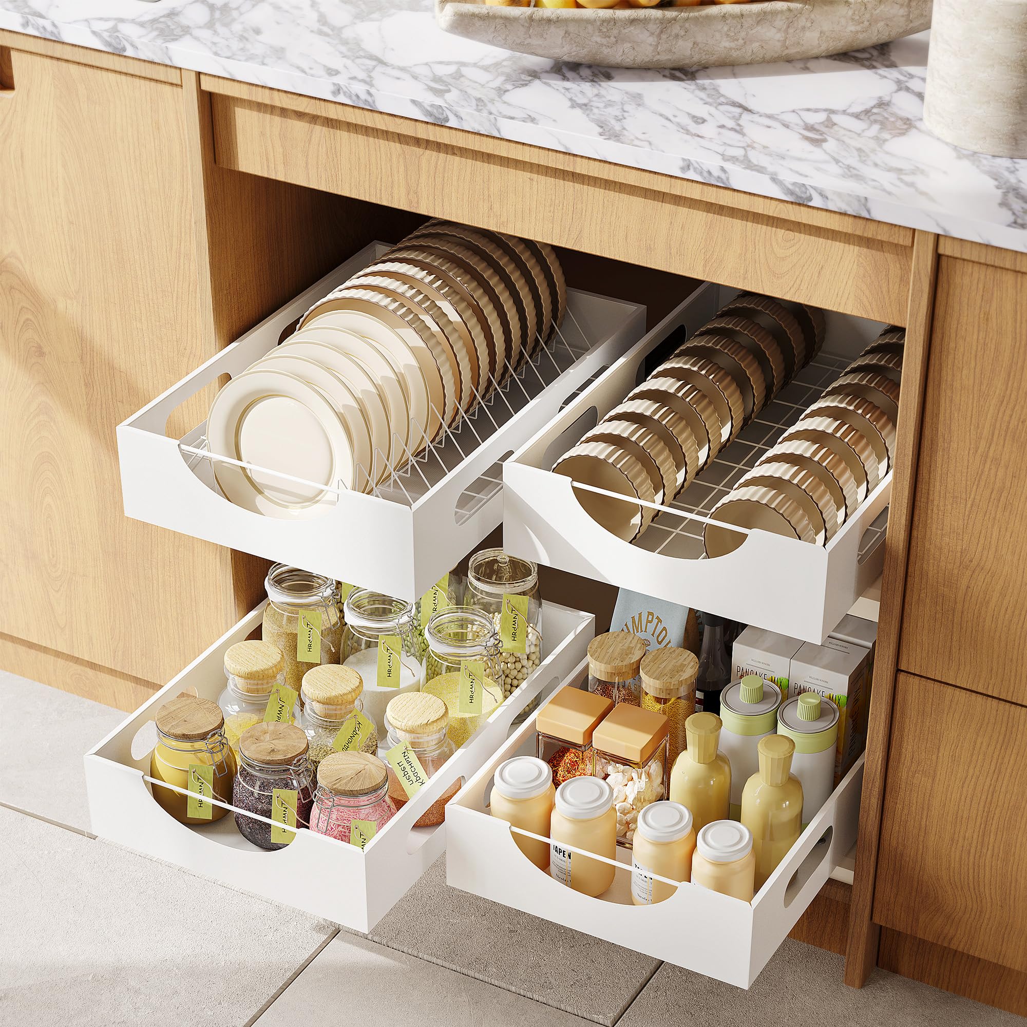 NETEL 2 Packs Pull Out Cabinet Organizer Fixed With Adhesive Nano Film,Heavy Duty Slide Out Pantry Drawers for Kitchen Cabinets, Living Room, Bathroom,15.15" (L) x 10.82"(W) x 3.54"(H), White