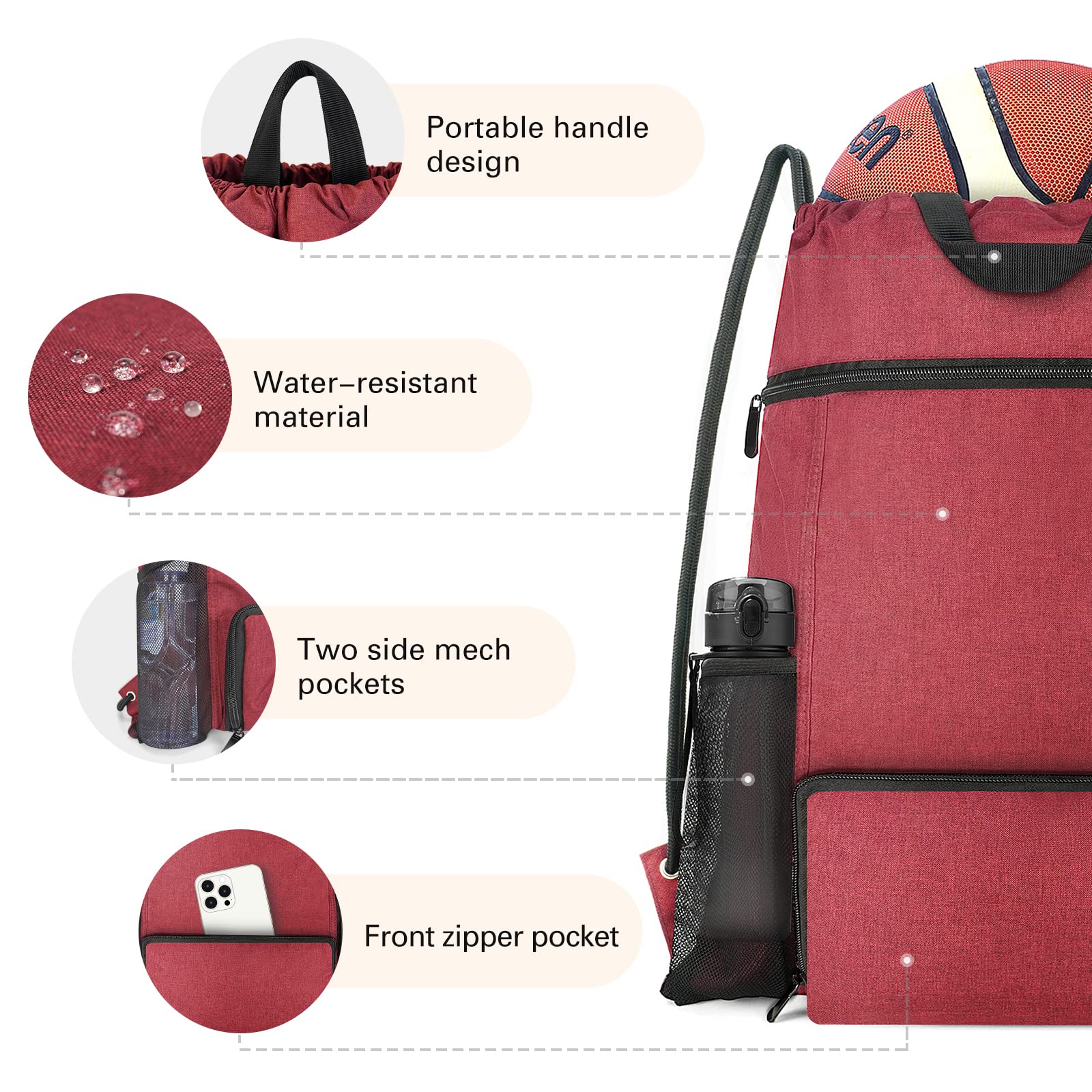 Noozion Drawstring Backpack with Mesh Pockets Sport Gym String Bag Large Sackpack Water Resistant for Women Men