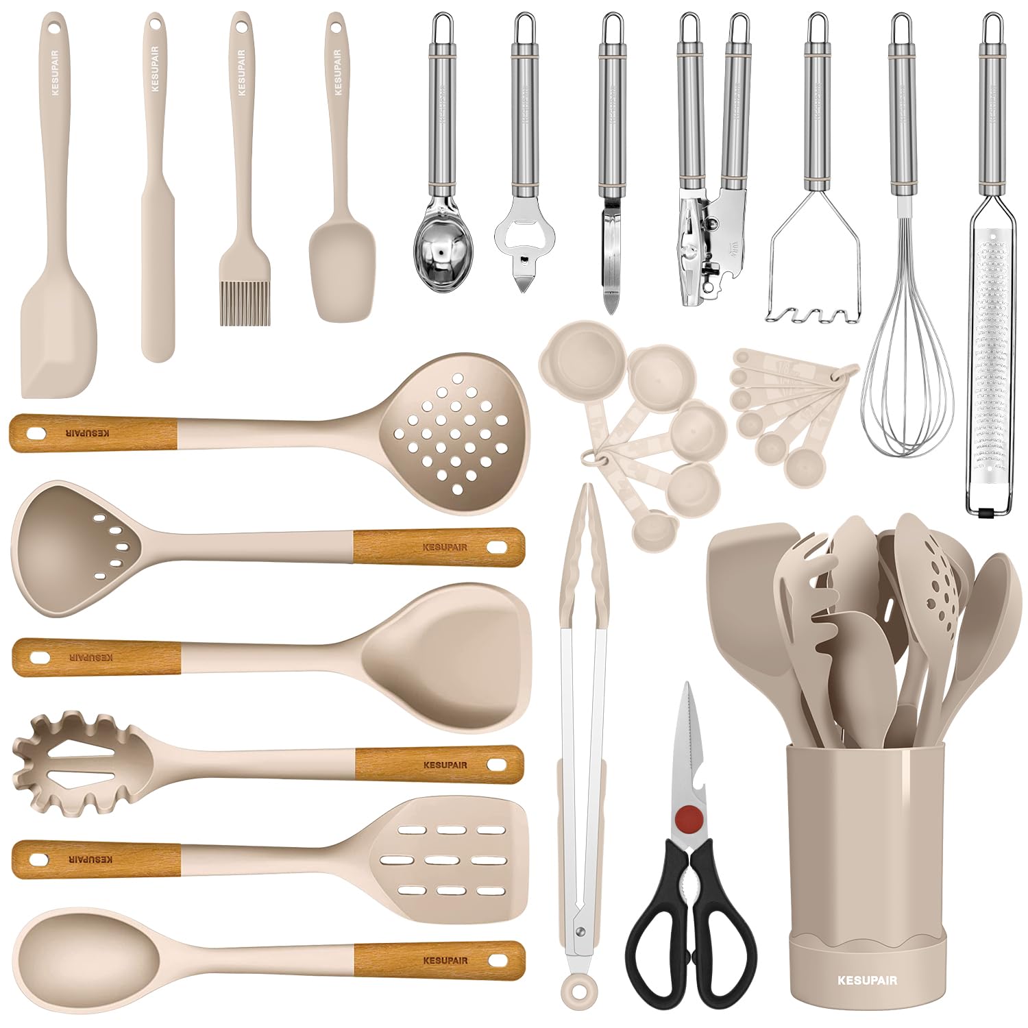 Kesupair Silicone Kitchen Utensils Set - Heat Resistant Silicone Cooking Utensils for Cooking Wooden Handles, Spatula Set, Kitchen Utensil Tools and Gadgets Sets for Non-Stick Cookware (Dark Grey)