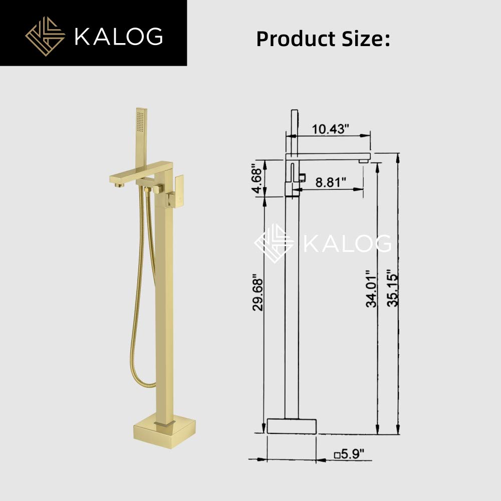 Kalog Single Handle Freestanding Tub Filler Floor Mount Bathtub Faucet with Square Handheld Shower (Brushed Gold-E)