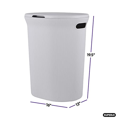 Superio Ribbed Collection - Decorative Plastic Laundry Hamper with Lid and Cut-Out Handles, White Smoke (1 Pack) Basket Organzier for Bedroom Bathroom College Dorm Room 40 Liter