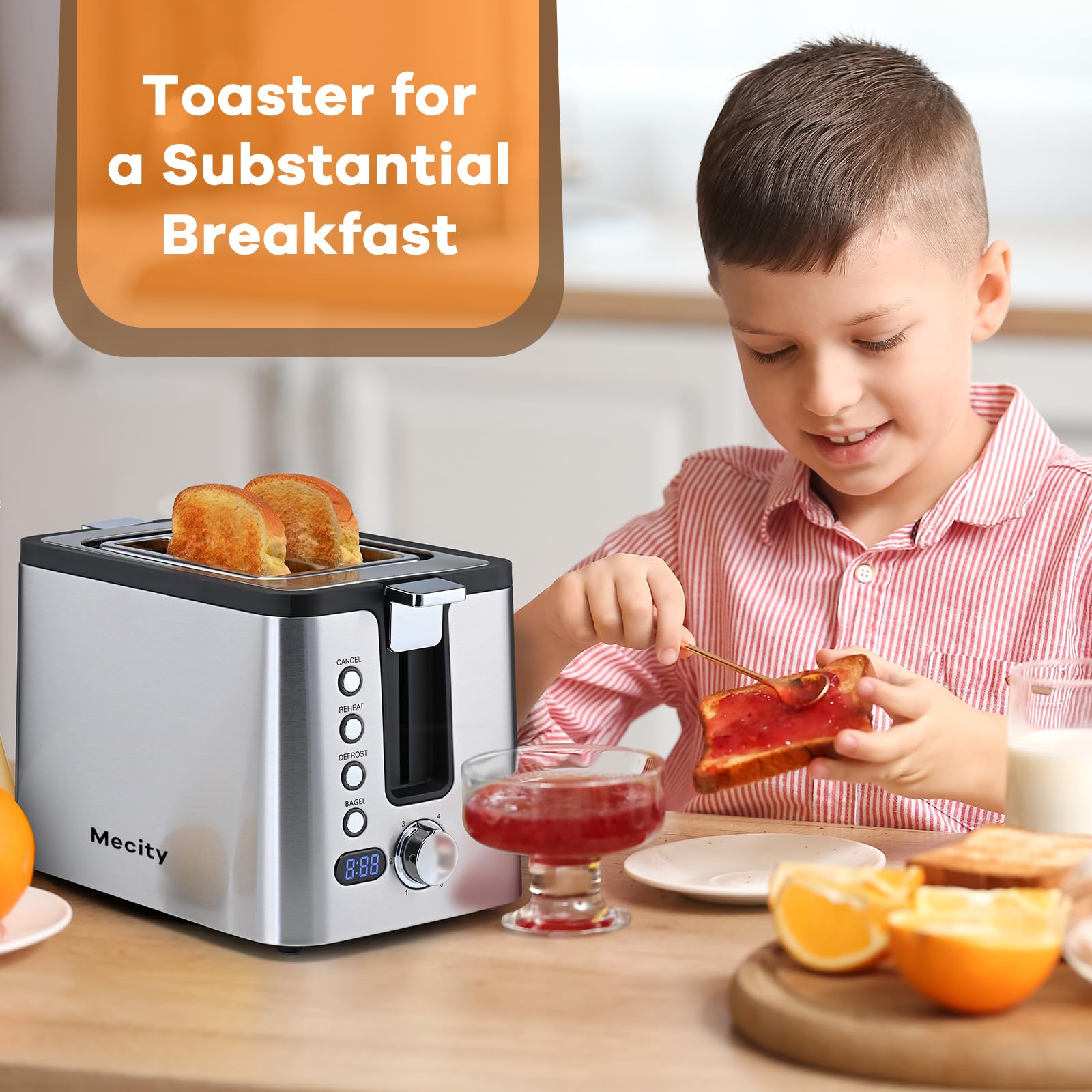 Mecity Toaster 2 Slice Stainless Steel Toaster Countdown Timer, Bagel/Defrost/Reheat/Cancel Functions,Warming Rack, Removable Tray, 6 Browning Settings, Extra Wide Slots, Bread Toaster, 800W