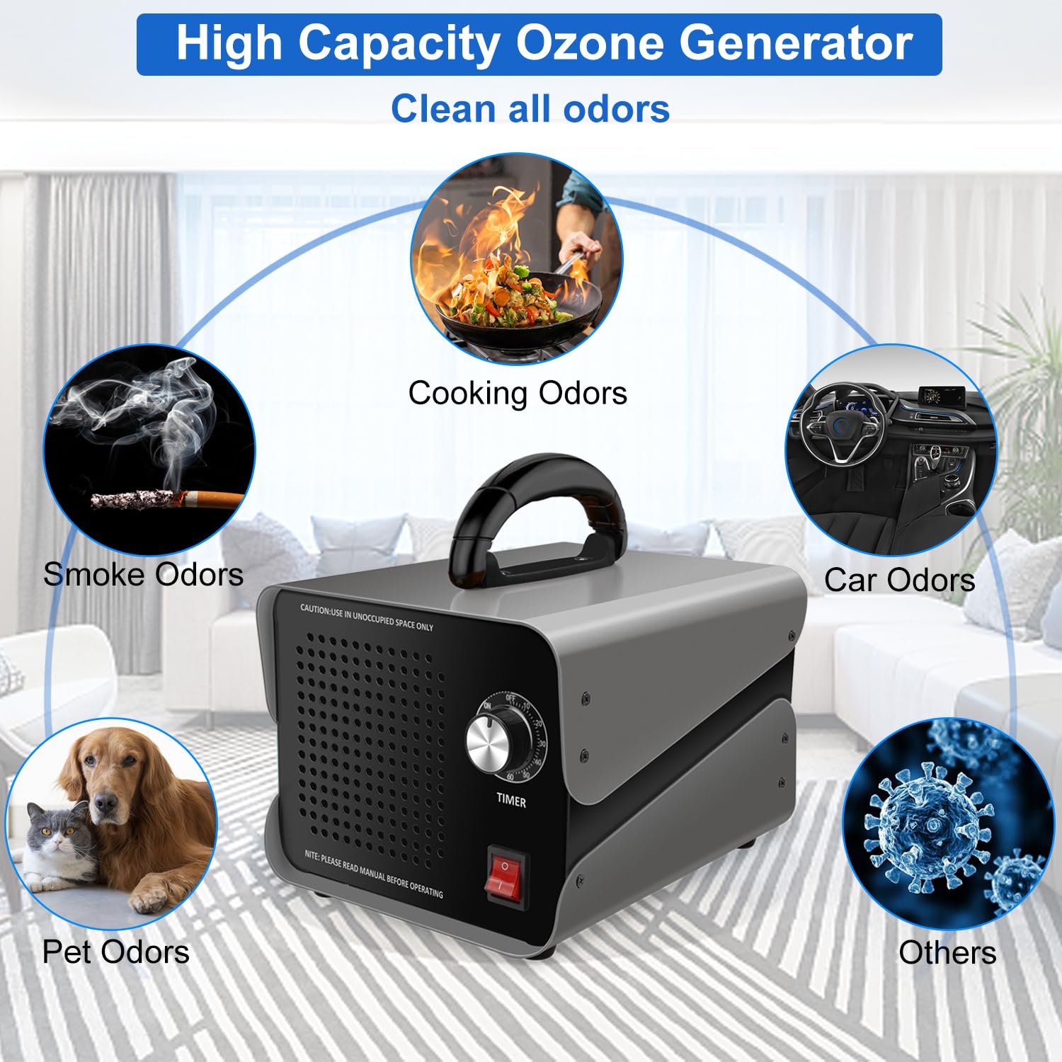 TISKY Commercial Ozone Machine, 20,000 mg/h for Car Smoke, Thickened Housing and Large Space Clean for Home, Room, Basement(Gray)