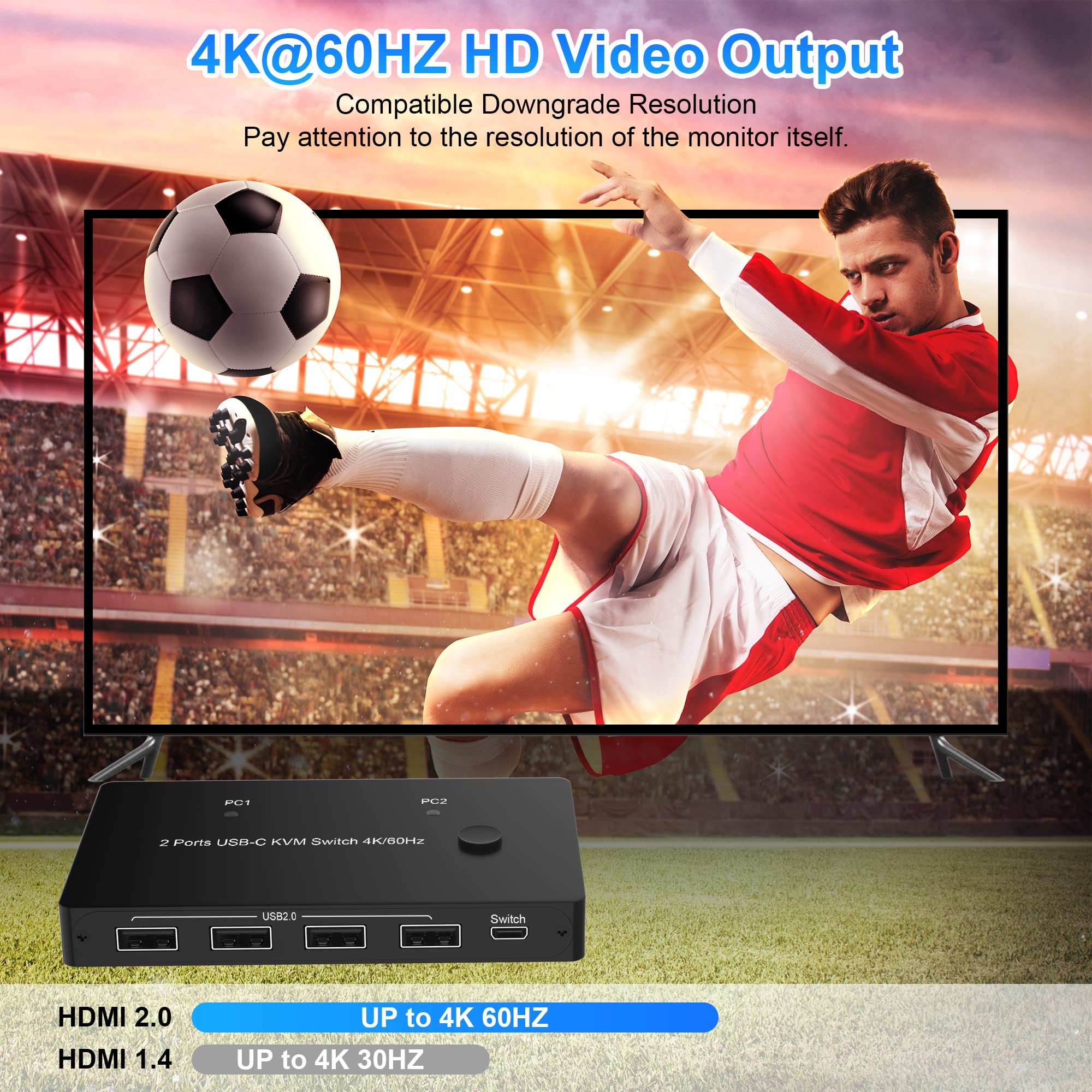 USB C KVM Switch 4K@60Hz, USB C Switcher for 2 Computers Share 1 HDMI HD Monitor and 4 USB Devices, with 100W Power Delivery, USB-C Switch with USB-C Cable, HDMI 2.0 Cable