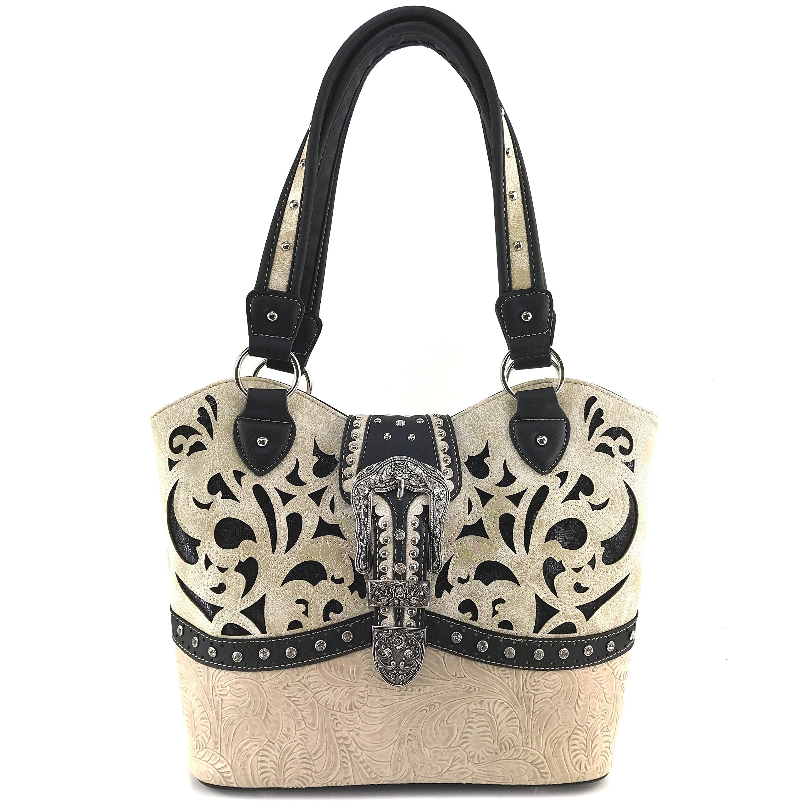 Justin West Tooled Floral Embroidery Buckle Studded Concealed Carry Tote Purse (Beige Purse Wallet Set)