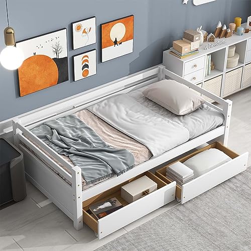 Twin Size Wooden Daybed Frame with 2 Storage Drawers, Multifunctional Sofa Bed with Wood Slat Support for Living Room Boys Girls Adults, No Spring Box Needed, Space Saving (White)