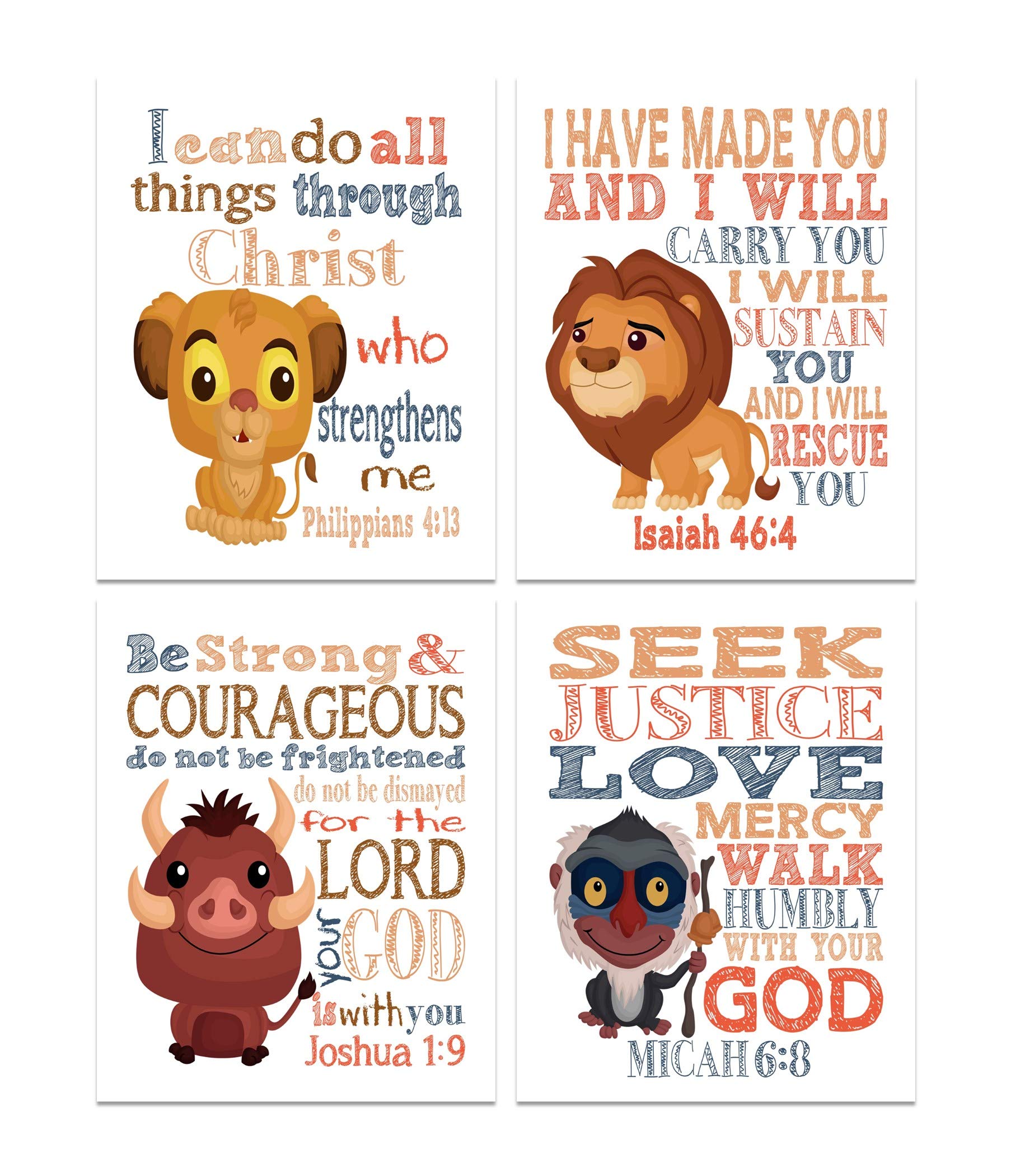 Lion King Christian Nursery Decor Set of 4 Unframed Prints - Mufasa, Pumba, Simba and Timon with Bible Verses
