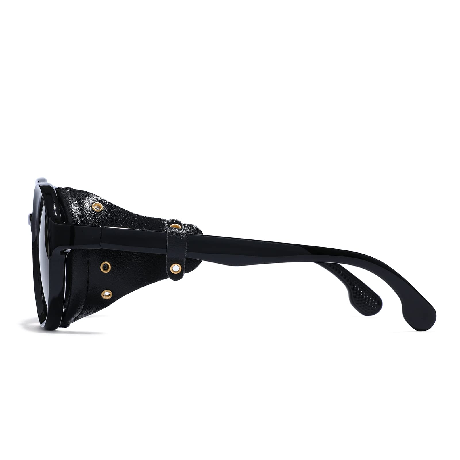 PANNER Retro Round Steampunk Polarized Sunglasses with Leather Side Shield Double Bridge Vintage Eyewear for Men Women(Black)