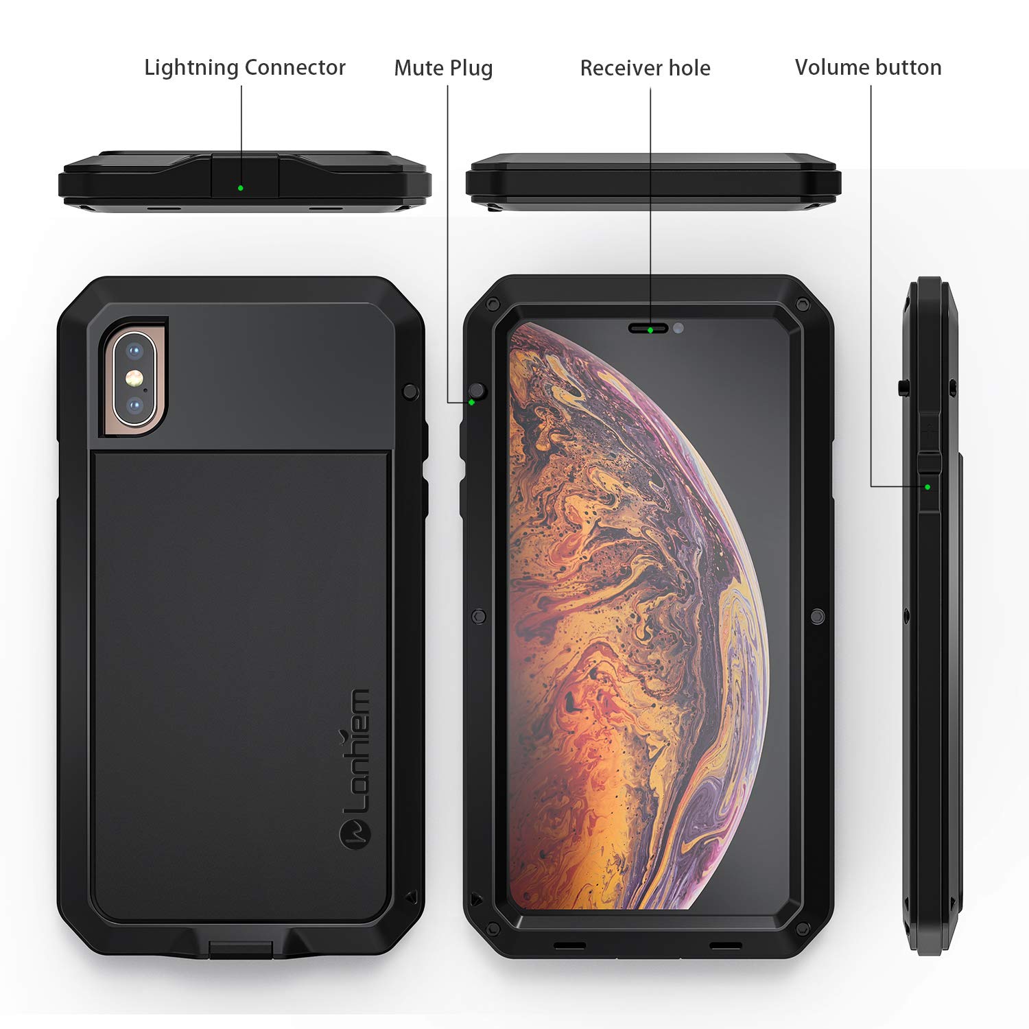 Lanhiem iPhone Xs Max Metal Case, Heavy Duty Shockproof [Tough Armour] Rugged Case with Built-in Glass Screen Protector, 360 Full Body Protective Cover for iPhone Xs Max (6.5" 2018) -Black