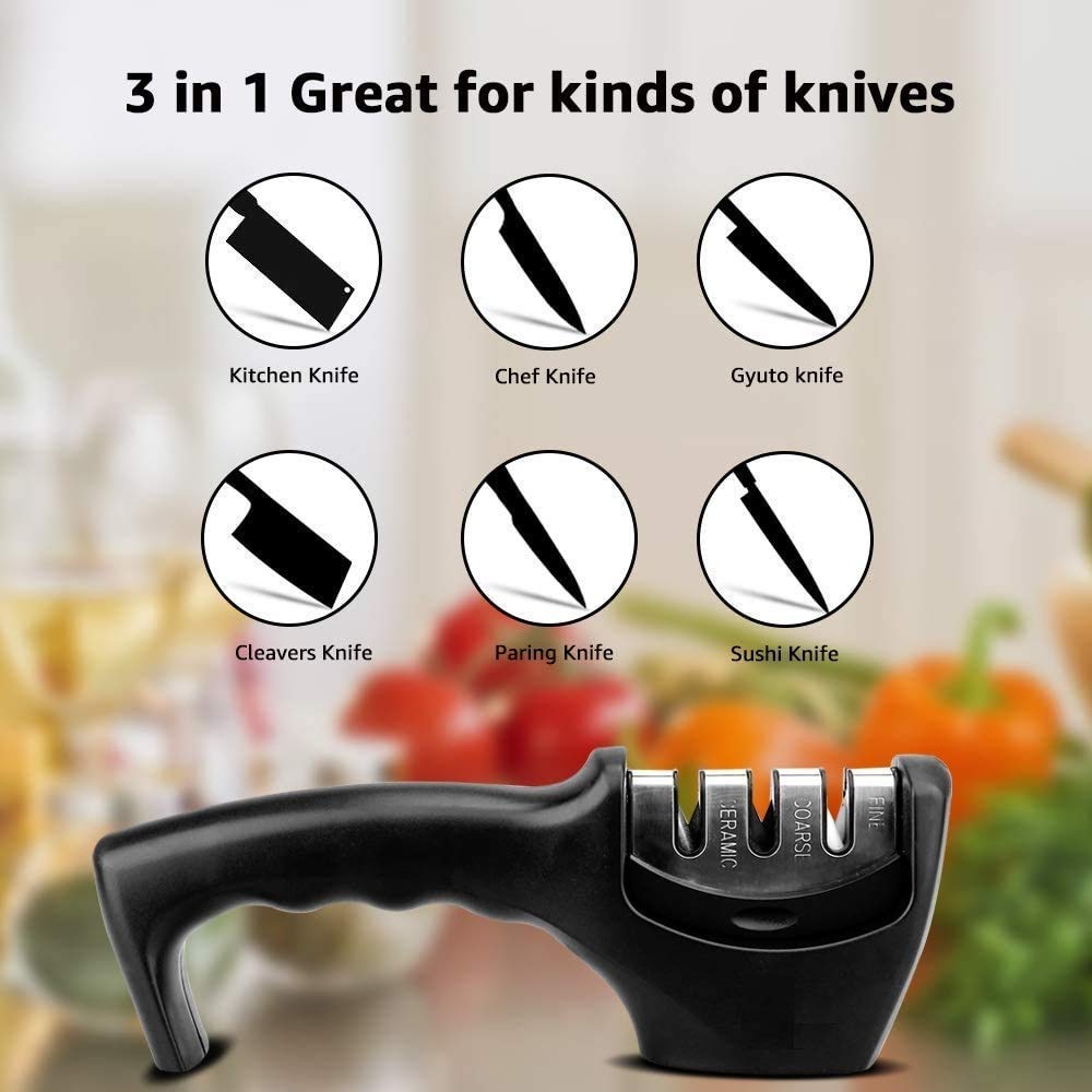 Knife Sharpener Honing Steel Sharpening - Professional 10 Inch Knife Sharpeners Rod Restore Blade Quickly for Kitchen, Chef, Butcher, Hook and Cleaning Cloth Included (Black)