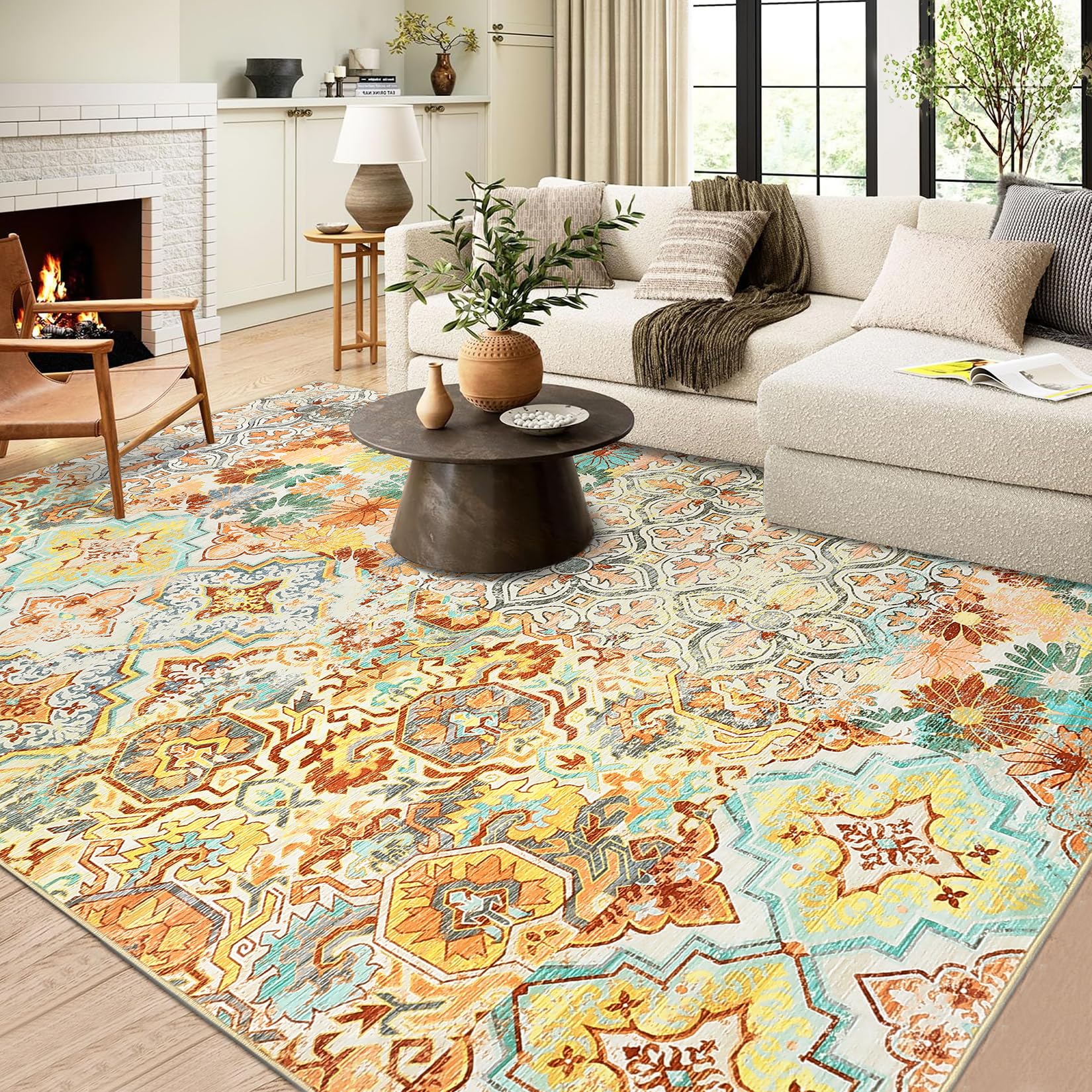 Washable Floral Medallion Print Low Pile Non-Slip Area Rugs Boho Vintage Large Accent Rug Floor Carpet for Living Room Bedroom Office Dining Room, Colorful Multi, 8'x10'