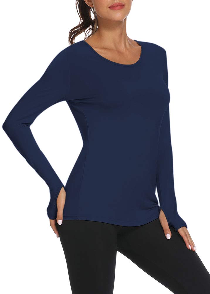 Mippo Womens Workout Athletic Yoga Long Sleeve Shirts Cute Work Out Gym Pilates Clothes Soft Lightweight Long Tunic Tops with Thumb Holes Navy Blue XL