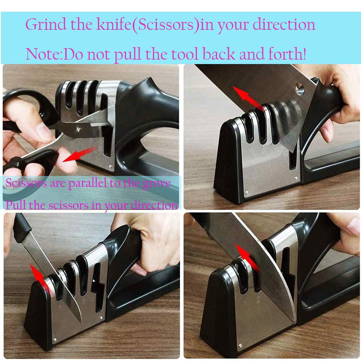 Knife Sharpener, 4 in 1 Manual Knives Scissor Sharpener, Professional Kitchen Knife Sharpen Tool with Ceramic,Tungsten Steel, Diamond Sharpening Groove,Safe and Easy To Use(Black)